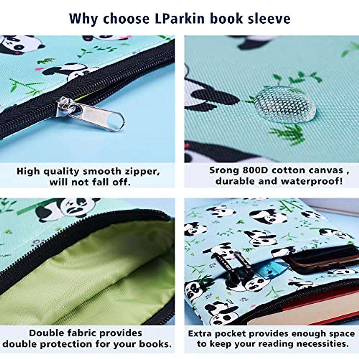 Book Sleeve Panda Book Protector, Book Covers for Paperbacks, Washable Fabric, Book Sleeves with Zipper, Medium 11 Inch X 8.7 Inch Bookish Gift