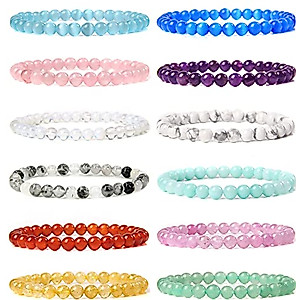 SONNYX 12Pcs Gemstone 6mm Semi Precious Round Beaded Bracelet Set For Women Men Healing Crystal Stretch Energy Stone Bead Bracelets Jewelry