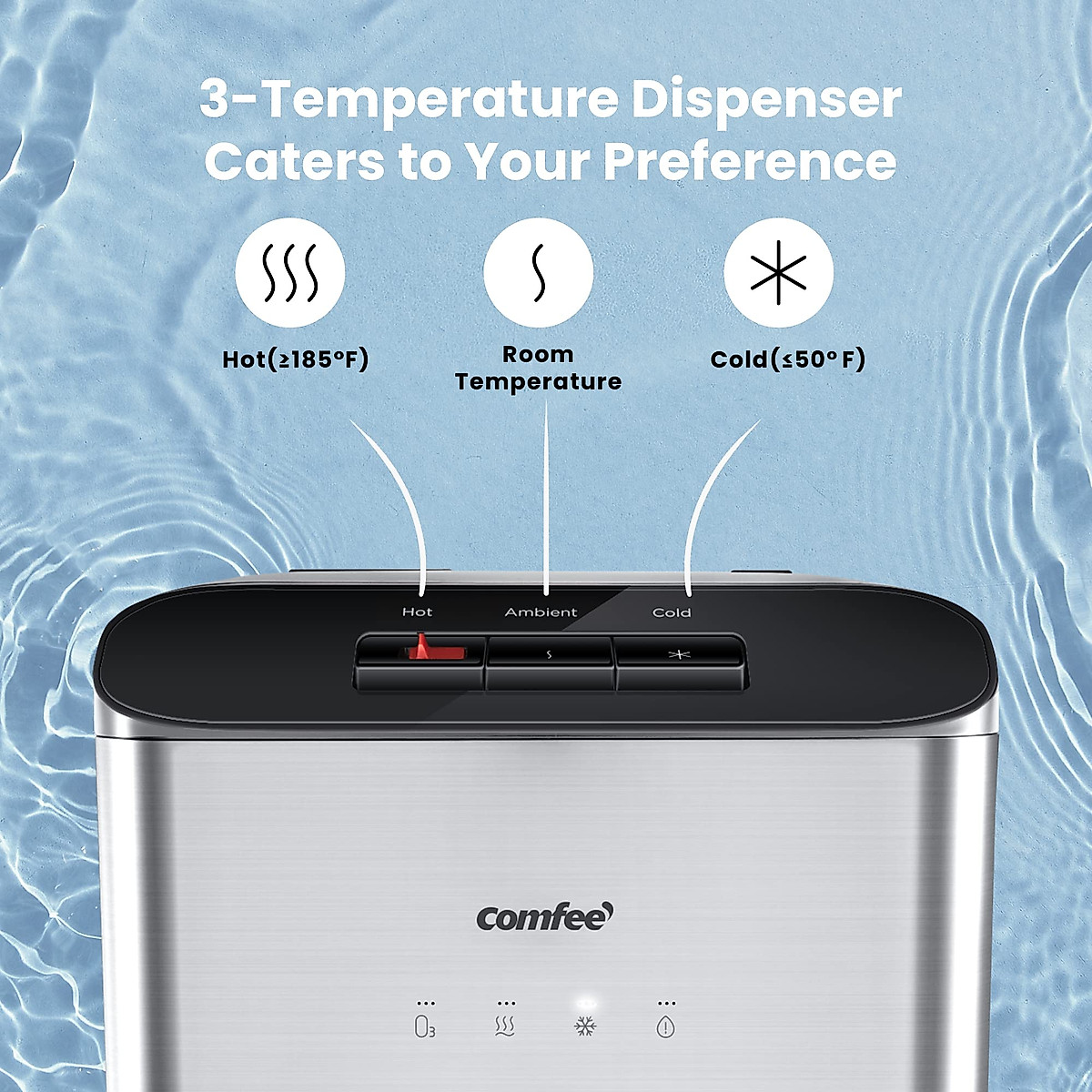 Comfee Ozone Self-Cleaning Bottom Loading Water Cooler, Quick Cooling Water Dispenser with 3 Temperature Settings, Safety Child Lock, Stainless Steel