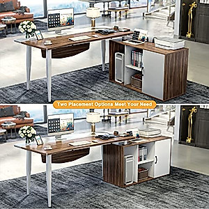 Unikito L Shaped Desk with File Cabinet and Power Outlet, 55 Inch Large Corner Computer Desks with LED Light Strip, L-Shaped Computer Desk with Door and Storage Shelves for Home Office, Walnut & White