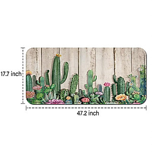 DONMYER Kitchen Mat, Cactus Succulent Southwestern Monstera Mexican Desert Style Rustic Wooden Board Farm, Rug Anti Fatigue Floor Runner Non Slip Standing Doormat for, 47.2''L x 17.7''W