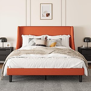 SHA CERLIN Upholstered Bed Frame Queen Size with Streamlined Wingback Headboard, Breathable Linen Fabric, Solid Wooden Slats, Easy Assembly, Orange