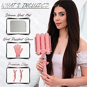 3 Barrel Curling Iron Wand - Triple Hair Waver & Crimper for Beach Waves Set, Ceramic Tourmaline with Adjustable Temperature - Beach Waver, Pink
