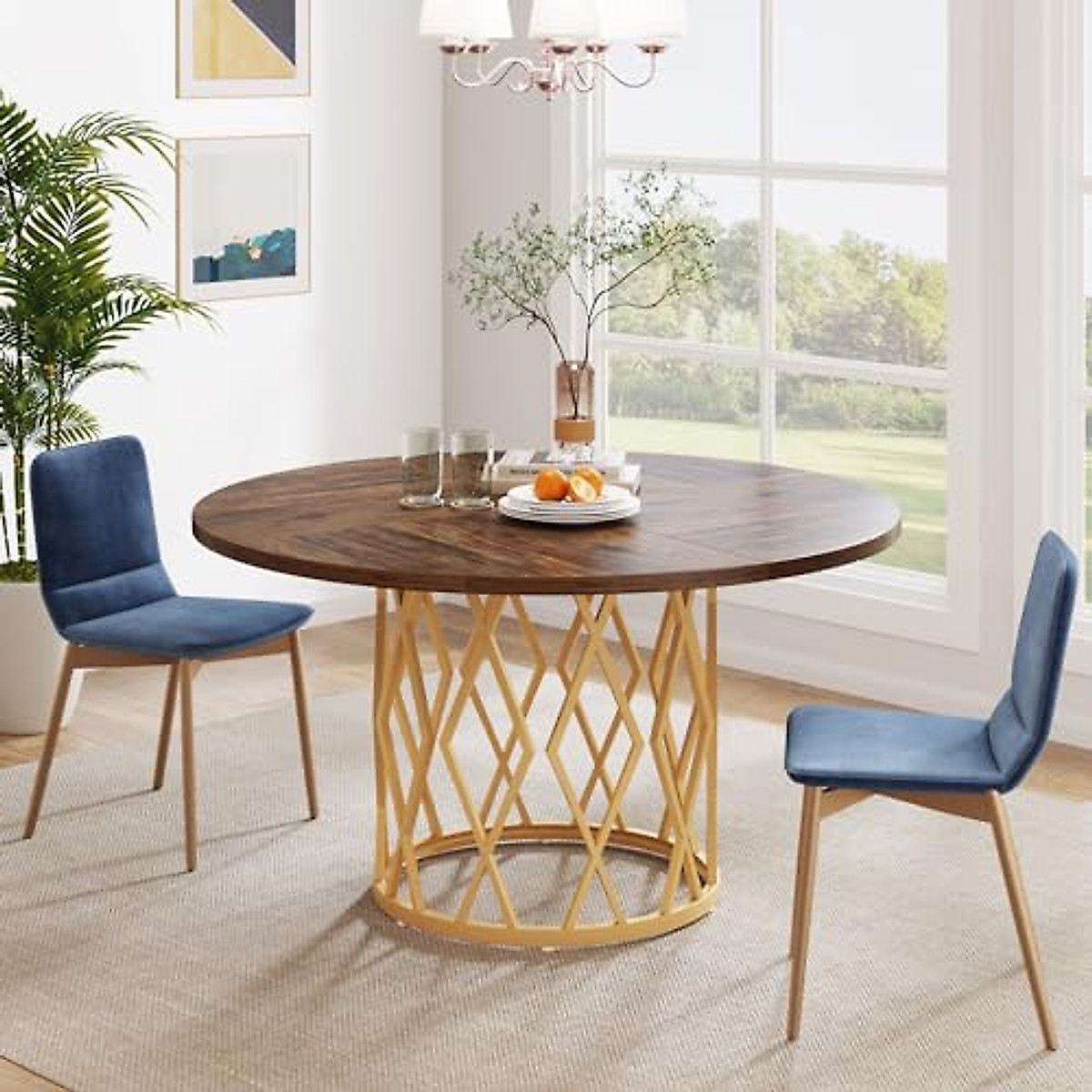Tribesigns Round Dining Table for 4 People, Circle Dining Room Table with Metal Base, 47.2 Inch Round Kitchen Dinner Table for Living Room Kitchen Dining Room (Gold and Brown)