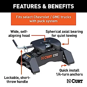 CURT 16095 Q24 5th Wheel Hitch, 24,000 lbs, Select Chevrolet Silverado, GMC Sierra 2500, 3500 HD, 8-Foot Bed Puck System