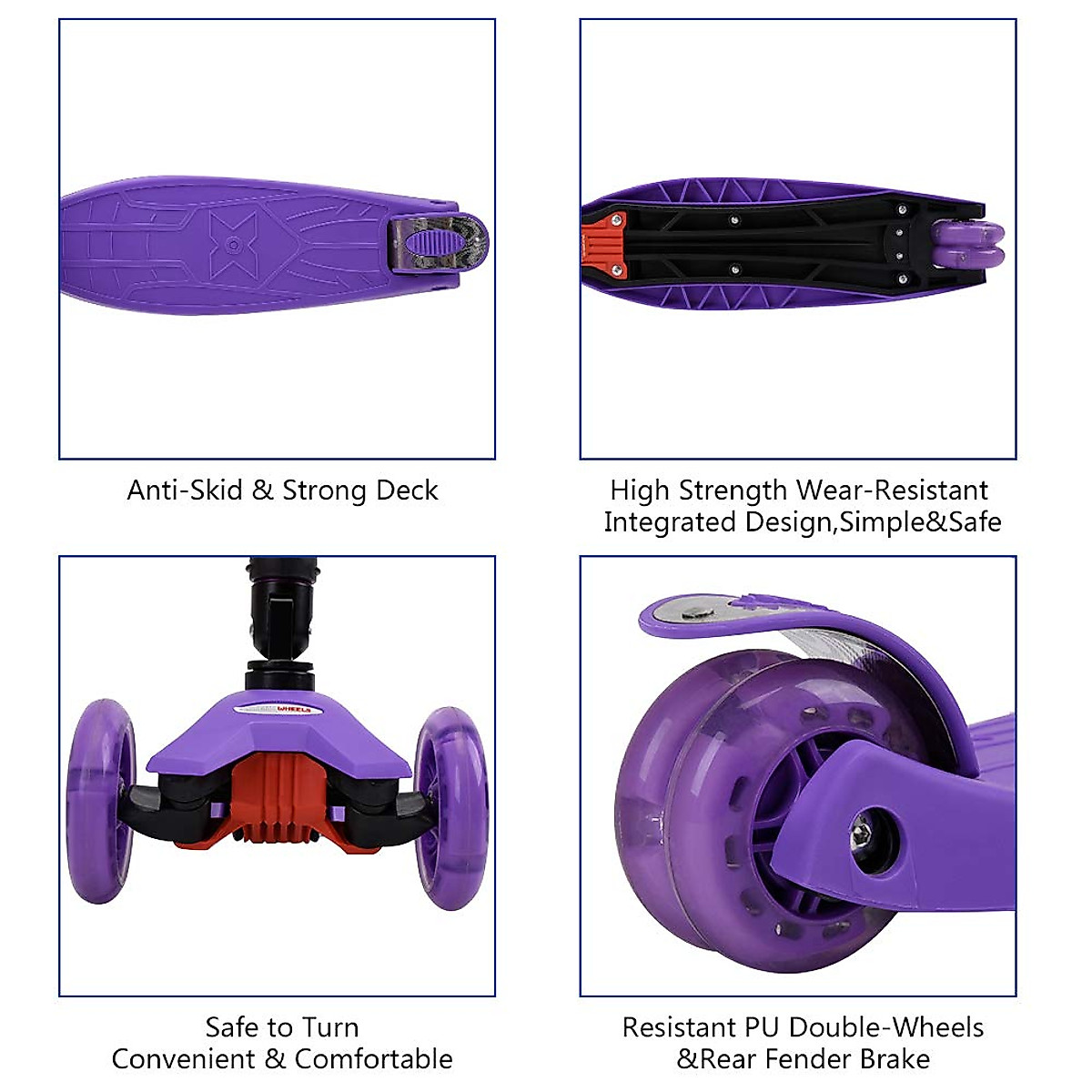 ChromeWheels Scooters for Kids, Deluxe Kick Scooter Foldable 4 Adjustable Height 132lbs Weight Limit 3 Wheel, Lean to Steer LED Light Up Wheels, Best Gifts for Girls Boys Age 3-12 Year Old, Purple