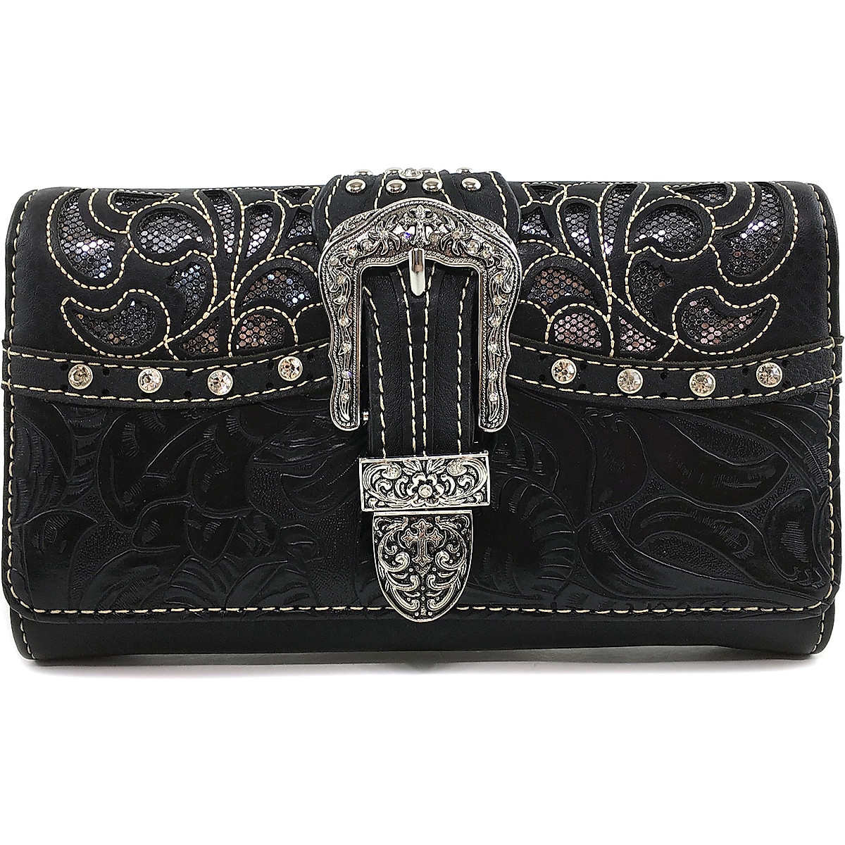 Justin West Laser Cut Rhinestone Silver Buckle Studded Cross Shape Design Wristlet Trifold Wallet Attachable Long Strap (Black Silver)