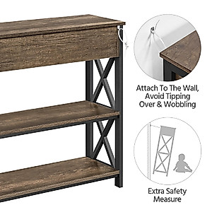 Yaheetech Console Table with Outlets and USB Ports, Industrial Entryway Table with Drawer and Storage Shelves, 3-Tier Narrow Sofa Table for Living Room, Couch, Hallway, Metal Frame, Taupe Wood