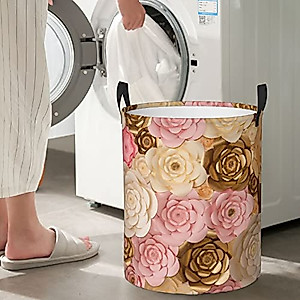 Pink White Gold Flowers Round Laundry Basket Toy Storage Basket, Storage Bin With Handle, Suitable For Bedroom, Toys, Boys, Girls, Toy Room