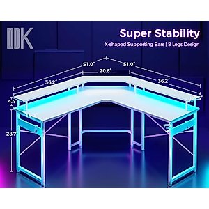 ODK L Shaped Gaming Desk with LED Lights & Power Outlets, 51" Computer Desk with Full Monitor Stand, Corner Desk with Cup Holder, Gaming Table with Hooks, White Carbon Fiber