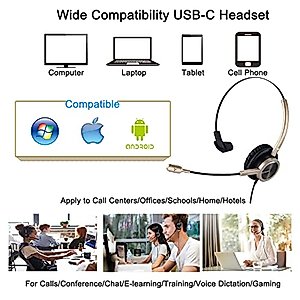 EMAIKER USB Type C Headphone with Microphone, One Ear USB C Headset USB-C with Noise Cancelling Microphone with Mic Mute, Compatible with Laptop, and Mobiles Samsung,Google Pixel