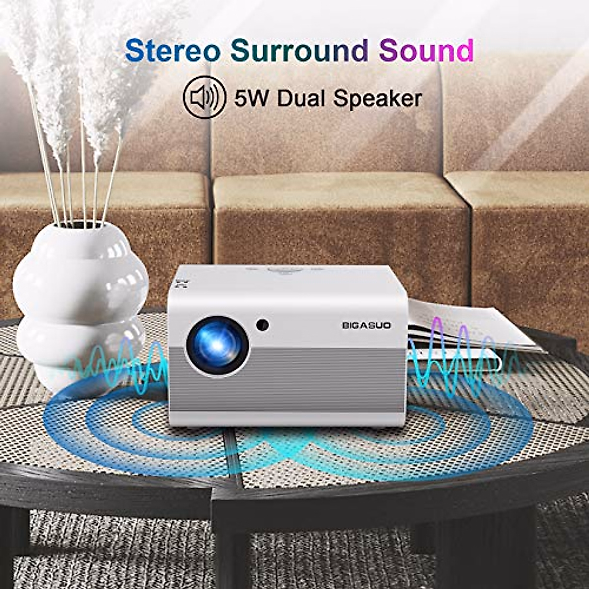 Full HD 1080P Projector with 100''Screen, BIGASUO Bluetooth Outdoor Movie Projector 180" Display Supported, Video Projector Compatible with Laptop/PS4/ Xbox/Smartphone
