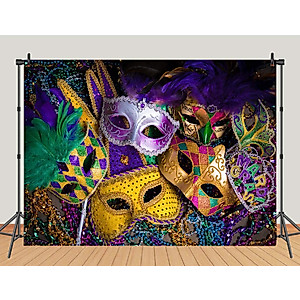 Masquerade Backdrops Purple Gold Glitter Beads Mask Carnival Photography Backdrop Vinyl 5x3ft Fiesta Mardi Gras Dance Photo Background Birthday Party Photo Booths Props Decorations Supplies