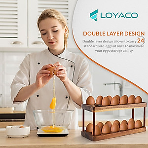 LOYACO Stackable Acacia Wooden Egg Holder Countertop - Stackable Double Layers Egg Rack, 24 Fresh Egg Holder, Durable Space Saving Design, Shop Organization Kitchen Rustic Decor