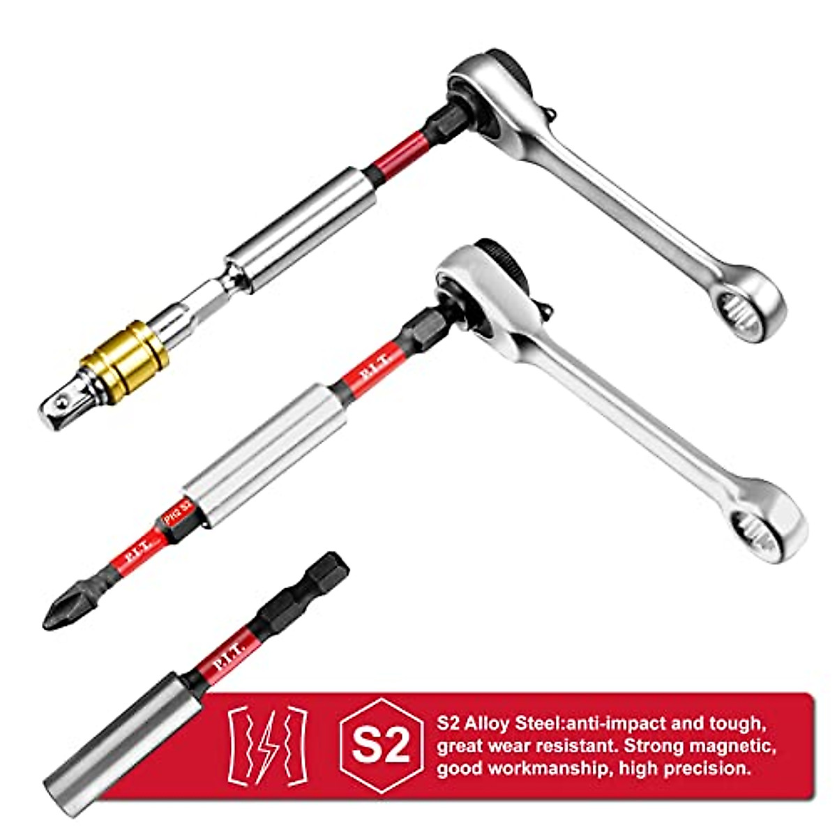 P.I.T. 1/4 Inch Micro Ratchet with 1/4", 3/8", and 1/2" Drive Socket Adapter Bit Set, Impact Phillips Driver Bit Magnetic Extension Bit, For putting together furniture,scooters or bikes