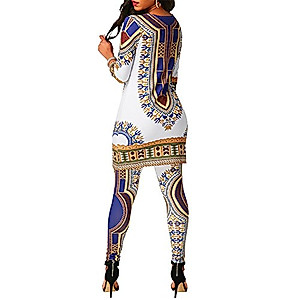 cnFaClu Women's Ethnic African Print Ethinc Floral Tunic Top Shirt Dress and Long Pants Set Tribal Suits 2 Pieces Outfit White XL