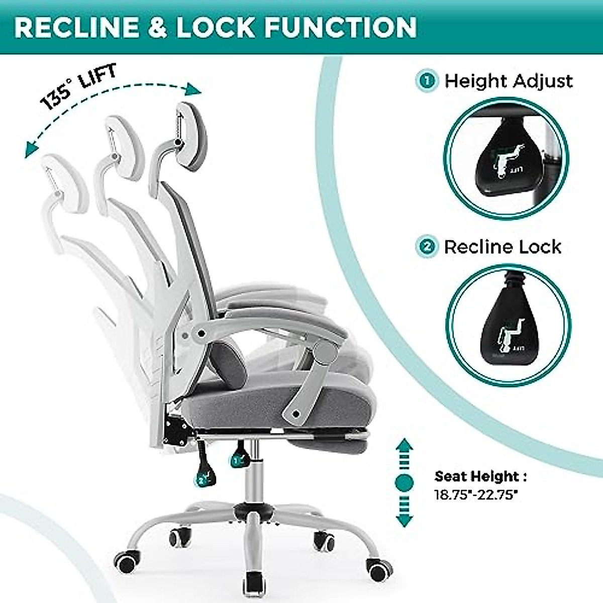 OLIXIS Gaming Ergonomic Foot Rest Reclining, High Back Mesh Home Office Computer Desk Chair with Wheels, Adjustable Headrest, Grey
