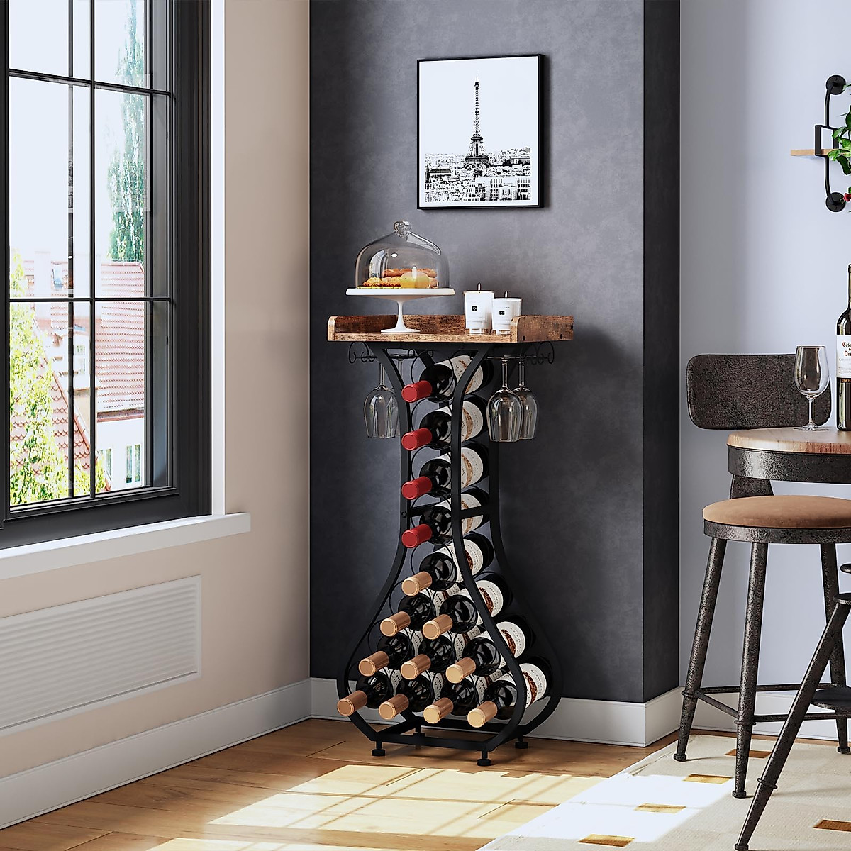 14 Bottles Wine Rack Console Table Freestanding Floor Wine Storage Organizer with Glass Holder Adjustable Feet Wood Top 35.4" H