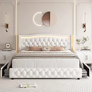 HIFIT King Smart LED Platform Bed Frame with 4 Storage Drawers, Crystal Button-Tufted & Stainless Gold Trim Wingback Headboard, Modern PU Upholstered White Bed Frame No Box Spring Needed/Easy Assembly