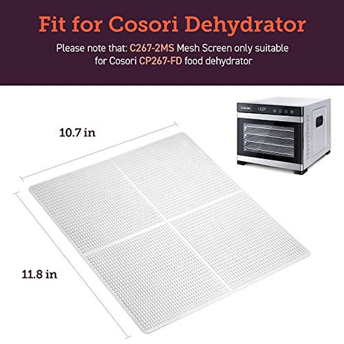 COSORI Food Dehydrator Machine Mesh Screens, BPA-Free Plastic Dryer Sheets for Fruit, Meat, Beef jerky, Herb, Vegetable, C267-2MS, 2Pack, White