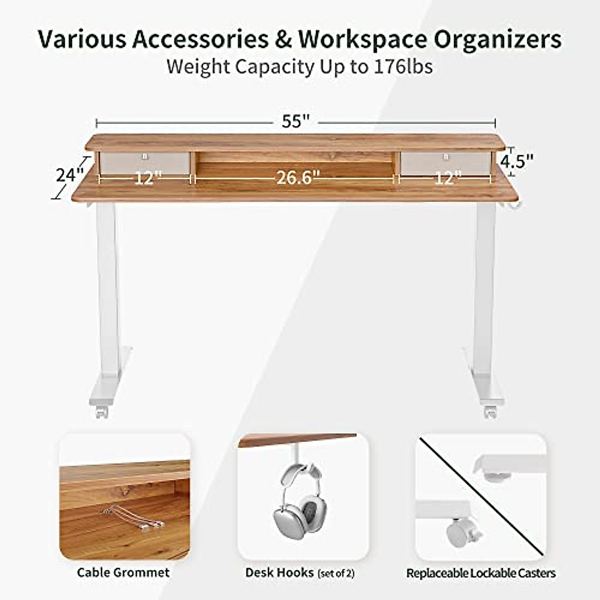 FEZIBO Height Adjustable Electric Standing Desk with Double Drawer, 55 x 24 Inch Stand Up Table with Storage Shelf, Sit Stand Desk with Splice Board, White Frame/Light Rustic Brown Top