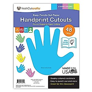 FreshCut Crafts | 48 Piece Handprint Happy Cutouts with IDEA Guide, US Made 2-Sided Brightly Colored Card Stock Punch Out Handprint Paper Accents for Bulletin Boards, Classroom Décor, Back to School