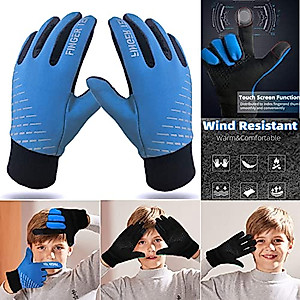 FINGER TEN Kids Winter Gloves Waterproof with Free Neck Warmer Boys Girls Touchscreen for Cold Weather Outdoor Sports (Blue, Large)