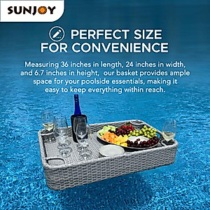 Sunjoy Wicker Floating Tray 36x24 in. Aluminum Frame Pool Tray - Swimming Floating Serving Tray for Drinks, Snacks, and Essentials - Fits Most Pool Sizes - Perfect for Pool Parties and Relaxing, Grey