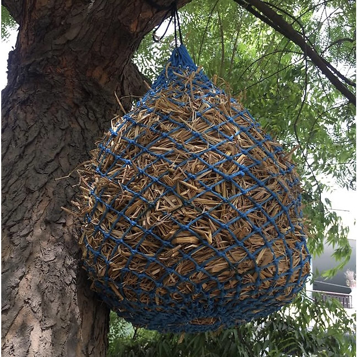 Majestic Ally 2 Pcs 1.25”x1.25” Holes Ultra Slow Feed 40” Very Sturdy Hay Net with Bottom Ring for Goat, Sheep and Livestock Simulatr grazing, Reduces Waste (Hurricane Blue)