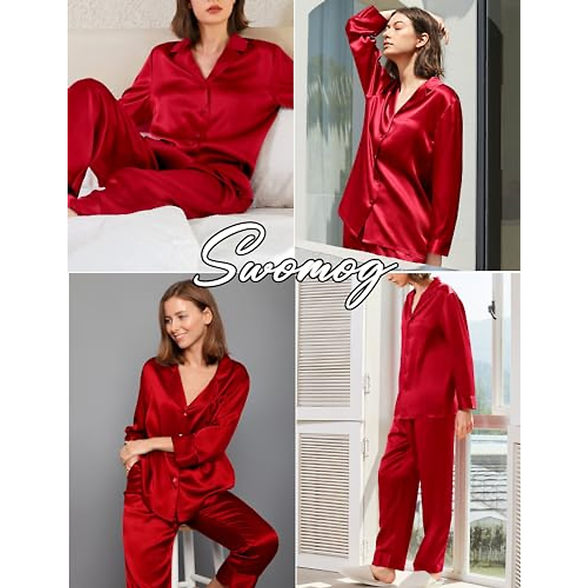 SWOMOG Couples Matching Pajamas Sets Silk Satin Long Sleeve Sleepwear Button Down Loungewear Pjs Set with Long Pants Red