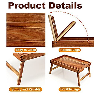 3 Pcs Acacia Bed Table Tray with Folding Legs and Handles Wooden Breakfast Tray Lap Snack Serving Tray Wood Laptop Desk for Eating Drawing Working Studying Dinner Bedroom Sofa Couch Kids Adults