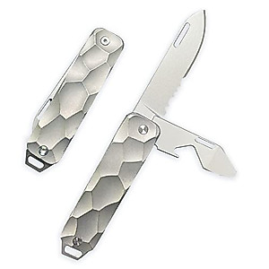 ainhue AU001 Compact Double-bladed Folding Pocket Knife, Half-serrated D2 blade, Bottle Opener, Scalloped TC4 Titanium Handle with a Pry Bar Lanyard. Slip Joint Utility Multi-tool EDC Knives
