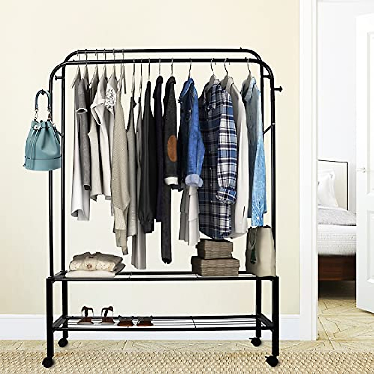 befacai Clothing Garment Rack with Shelves, Upgraded Length Cloth Hanger Rack Stand on Wheels, Clothes Drying Rack with Two Rod