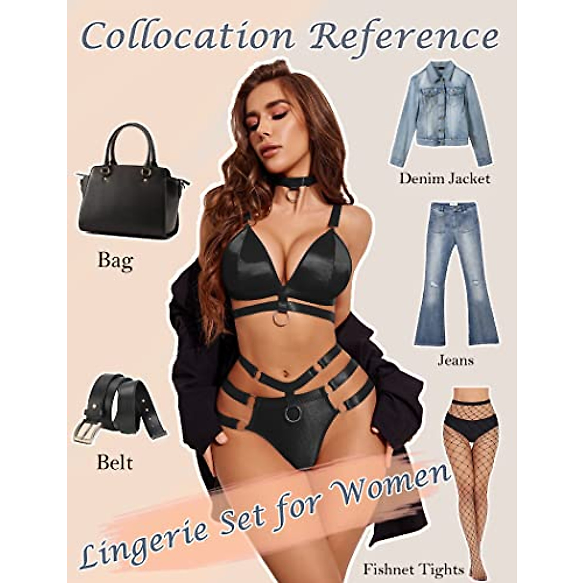 Avidlove Lingerie Set for Women Sexy Ring Linked Choker Bra and Panty Sets for Women Black X-large