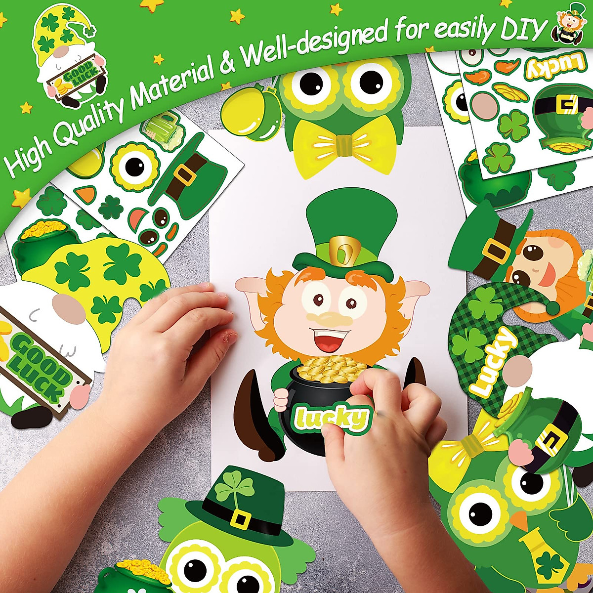 chiazllta 30 PCS St. Patricks Day Craft Kits for Kids DIY Leprechauns Shamrock Owl Gnome Sticker Craft Ornament St. Patricks Art Craft for Party Home Class School Game Activities
