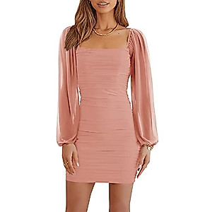 Wenrine Women's Mesh Long Sleeve Square Neck Ruched Party Club Cocktail Bodycon Mini Dress Pink Orange