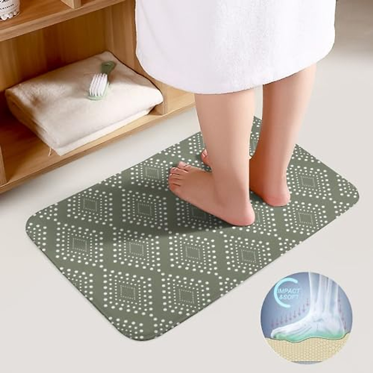 Bathroom Rug Set 2 Piece Decorative Diamonds Boho Sage Green Bath Rugs and U-Shaped Contour Toilet Rug, Non-Slip Bath Carpet Bath Mats for Bathroom 15.7"x23.6"