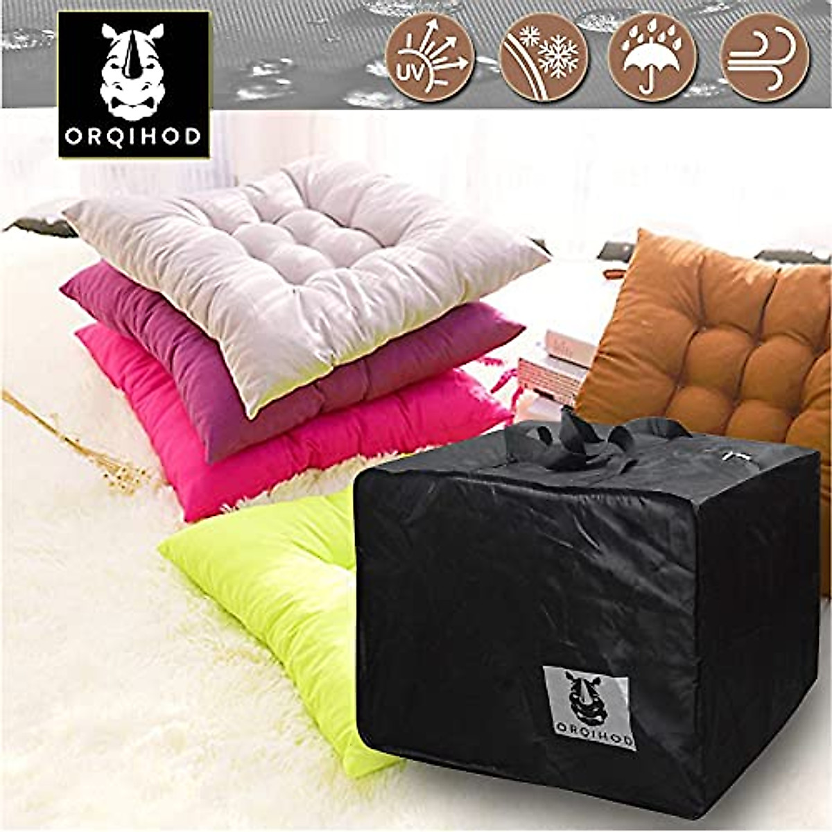 Orqihod Large Patio Furniture Seat Cushions Storage Bag 420D Heavy Duty Waterproof Outdoor Cushion Cover Carrying Bag Square with Zipper, 32 x32 x24IN, Black