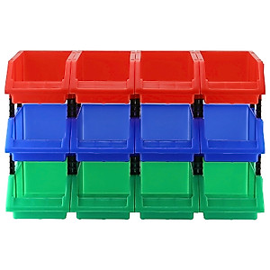 HOIGON 12 Pack Garage Storage Tool Bin, 7.09 x 4.72 x 3.15 Inch Plastic Hanging Stacking Stackable Organizer Storage Rack for Hardware Tools Organization, Workshop, Small Parts, Green Blue Red