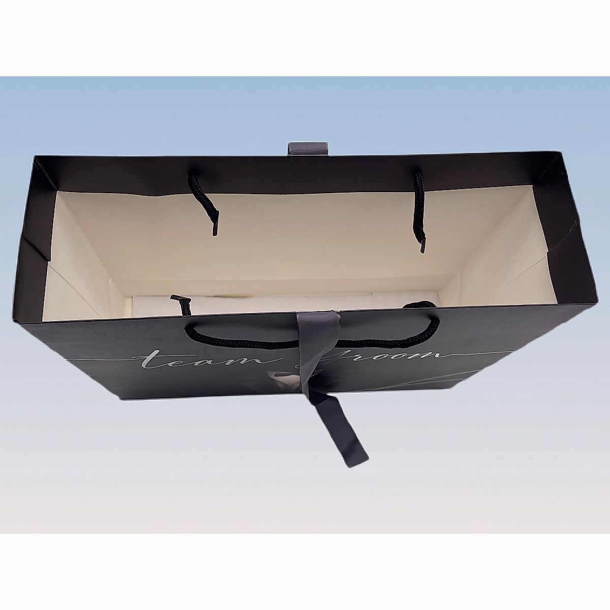 Groomsmen Gift Bags, 14"x10"x4.5" Euro Style, Premium Matte With Handle & Satin Ribbon, Set Of 7. In Silver Foil For Groomsmen Proposal , Bachelor Favors or Team Groom Gifts. (Black & Silver Foil, 7)