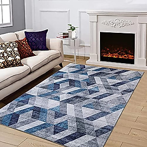 Zacoo 4x6 Area Rug Geometric Entryway Rug Distressed Vintage Rug Traditional Soft Thin Thow Rug Washable Retro Floor Cover Indoor Mat Non Slip Low Pile Comfy Carpet for Bedroom Living Room, Navy Blue