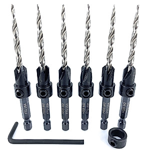 FTG USA Countersink Drill Bit Set 6 Pc #8 (11/64") with 12 Pc Replacement Countersink Drill Bit #8 (11/64") Pro Pack Countersink Set, Tapered Countersink Bit, 1 Stop Collar, Hex Wrench,