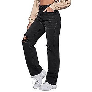 SweatyRocks Women's High Waist Ripped Jeans Distressed Raw Hem Denim Pants Solid Black M