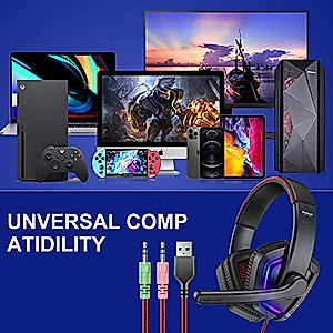 PC Gaming Headset with Mic Over Ear Headphones with Noise Cancelling Mic and Soft Earmuffs Led Light, Stereo Bass Sound, Video Game Headphones for Computer, Laptops, Notebook,Tablet(GM876-A,Blk))