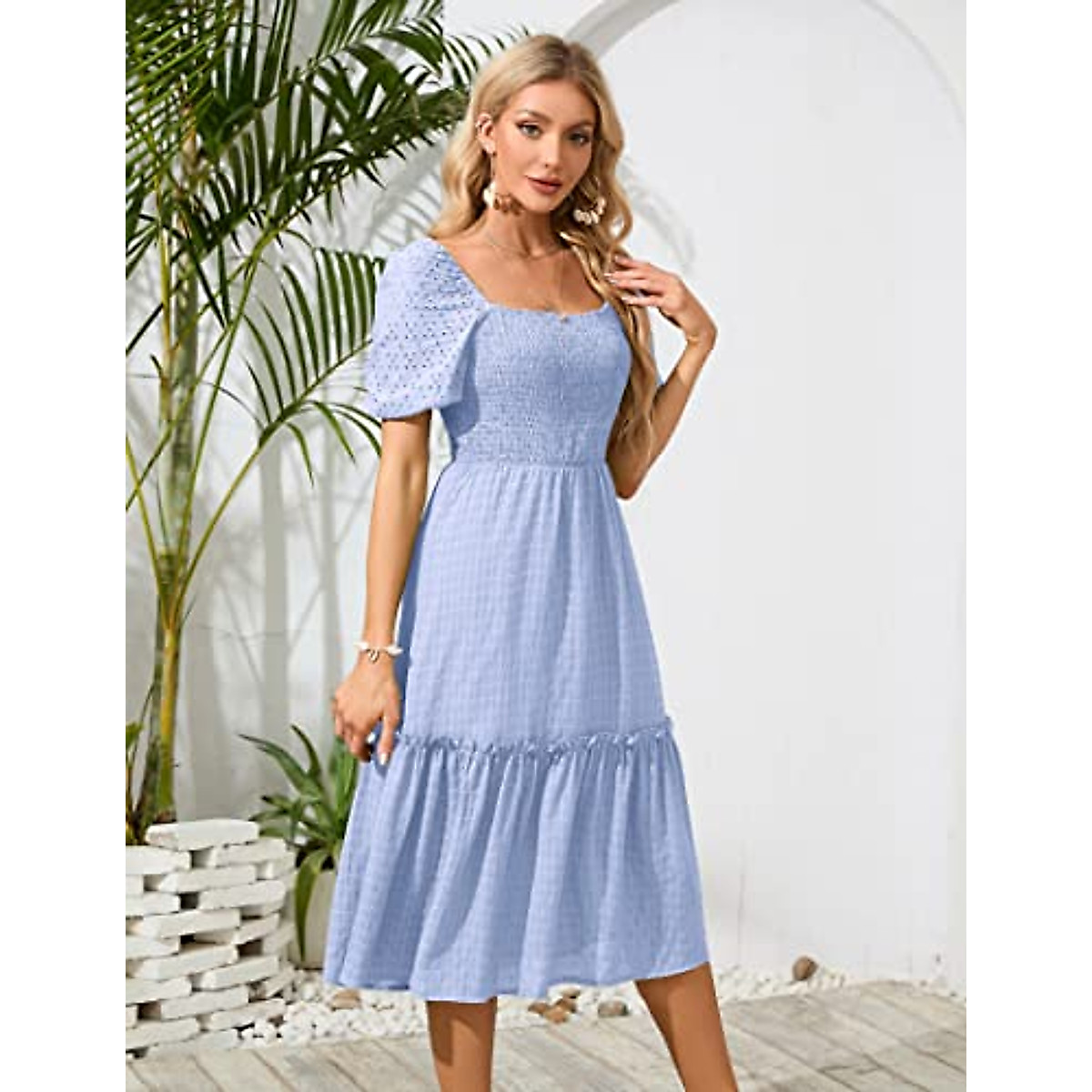 MURMUREY Womens Summer Puff Short Sleeve Boho Smocked Dress Square Neck Empire Waist A Line Layered Midi Dresses