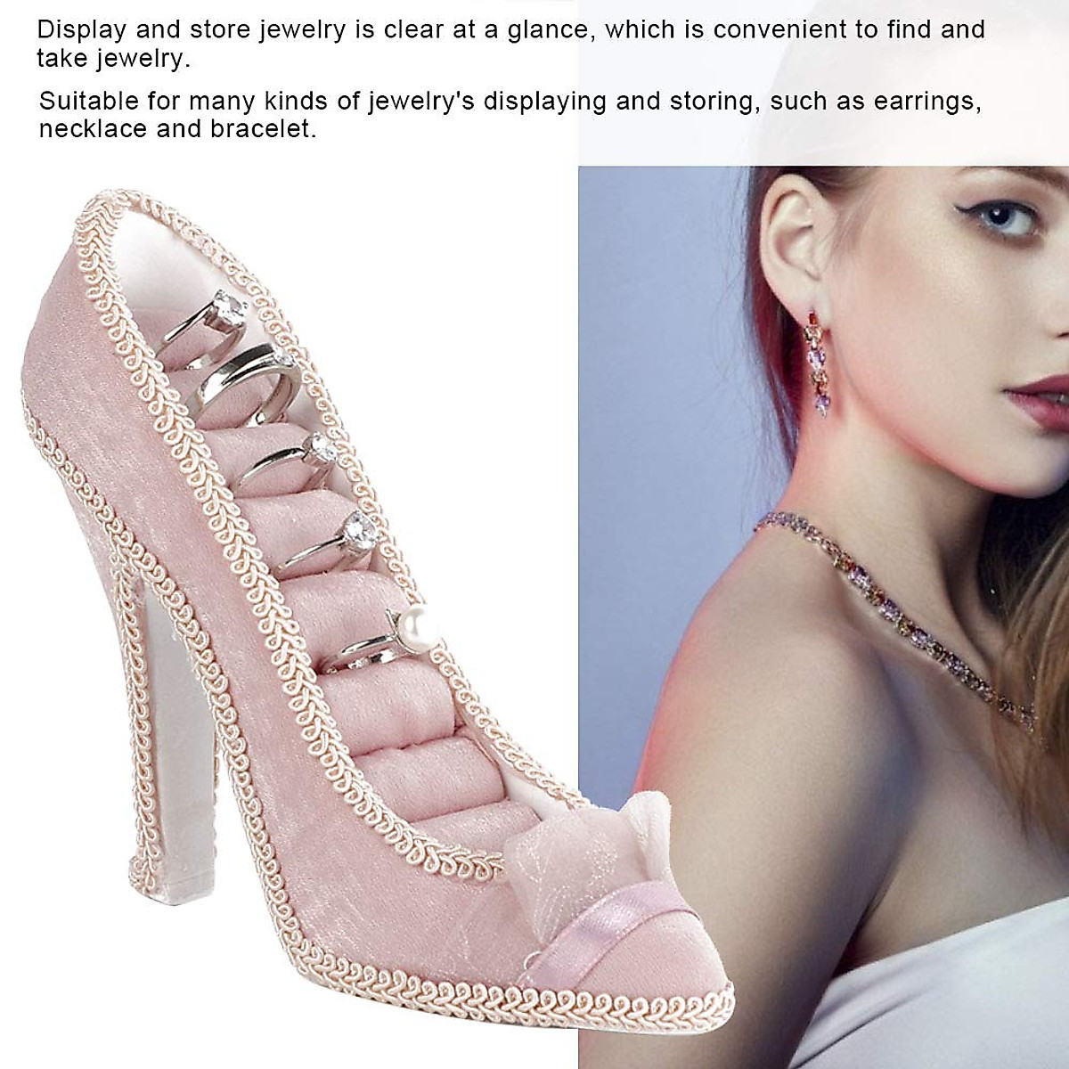 Fashion Jewelry Display Stand, Sparkle Silver High Heel Ring Holder, Jewelry Rack, Model Dress High-heeled Shoes Earring Necklace Ring Jewelry Holder Stand Display for Girls Bridal Gift(04)