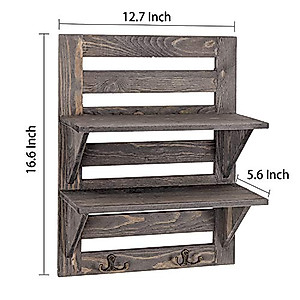VERGOODR Rustic Wooden Wall Mounted Organizer Shelves with 2 Hooks, 2-Tier Storage Rack, Decorative Wall Shelf Organizer,Kitchen,Bathroom,livingroom Farmhouse Rustic Décor,Grey (Grey)