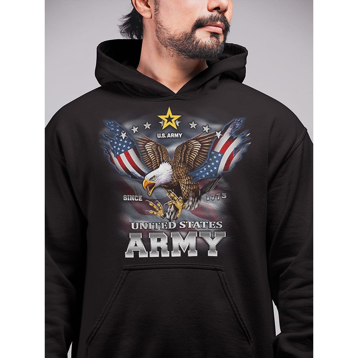 Lucky Ride US ARMY HOODIE Since 1775 Eagle with American Flag Wings Sweatshirt, Black, XL