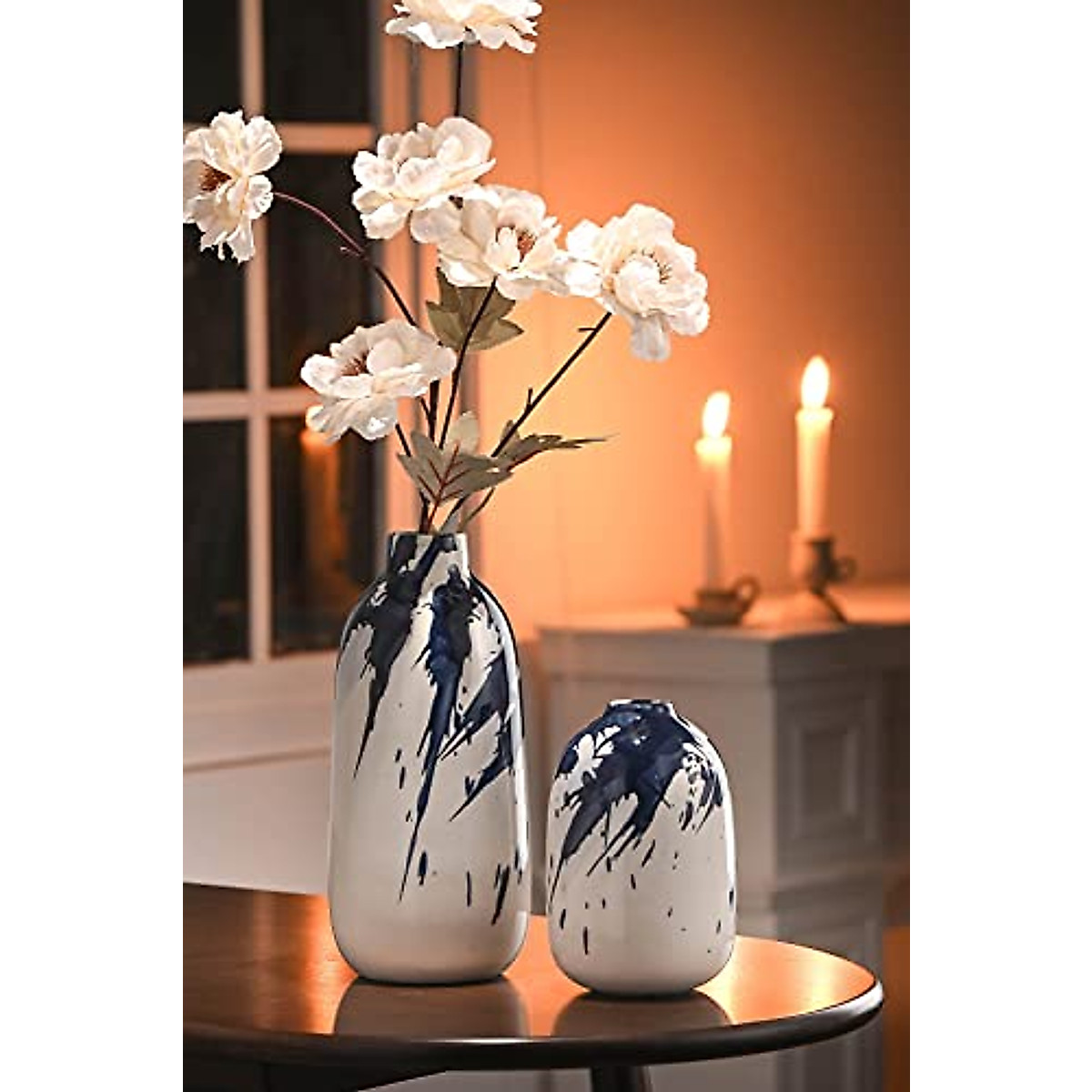 TERESA'S COLLECTIONS Modern Ceramic Vase, Home Decor Accents, Navy Blue and White Vases for Flowers, Decorative Vases for Table Centerpieces, Mantel, Shelf, Living Room -Set of 2, 7.2″ & 11.4″