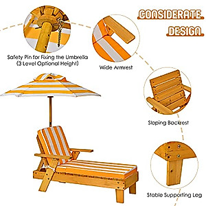Costzon Kids Chaise Lounge, Wood Patio Chair w/Cushion & Umbrella, Detachable & Height Adjustable, Recliner for Beach Lawn Outdoor, Children Furniture Gift for Boy Girl 3-8 Year Old, Kids Beach Chair